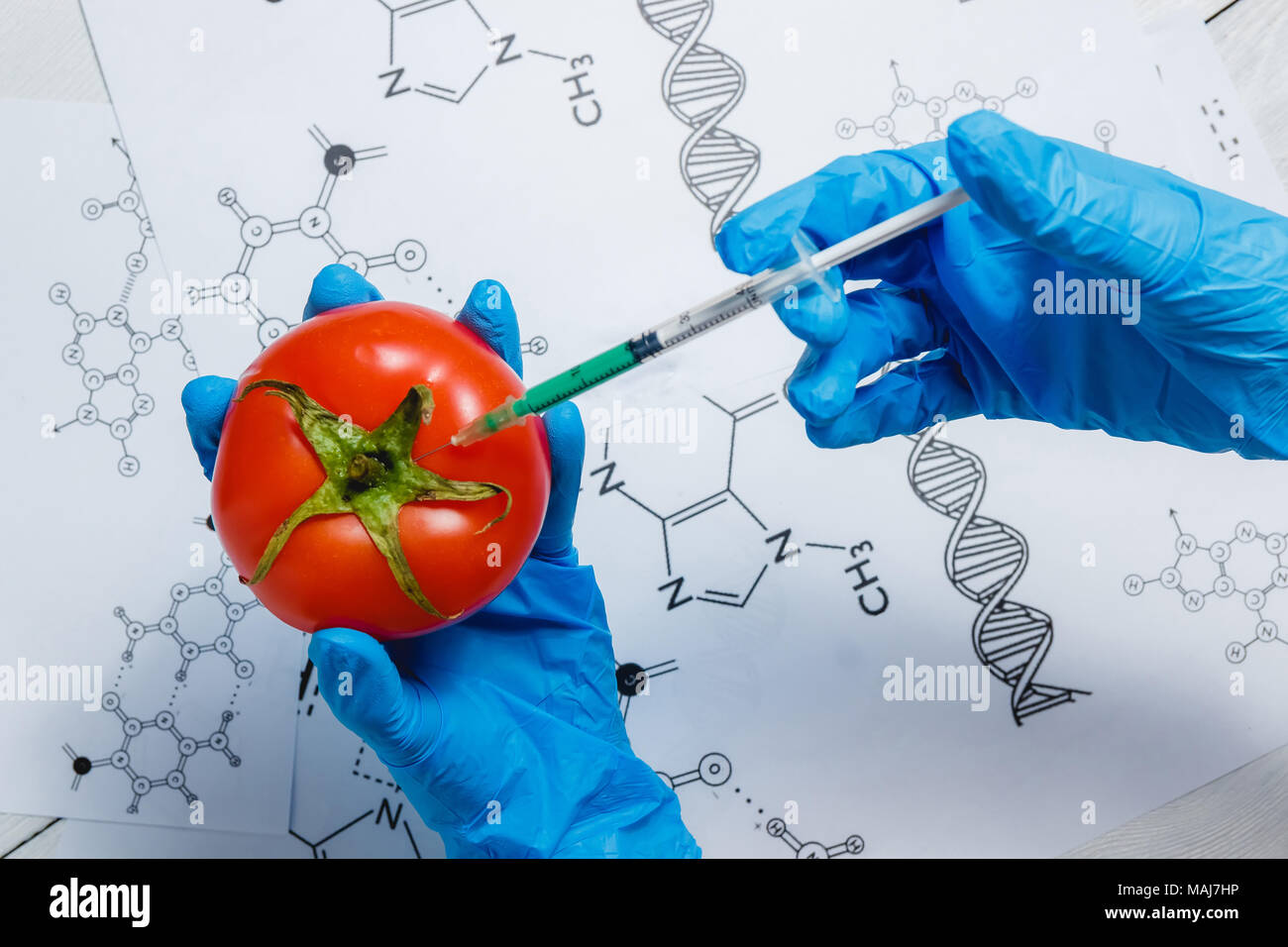 GMO Scientist Injecting Green Liquid from Syringe into Red Tomato ...