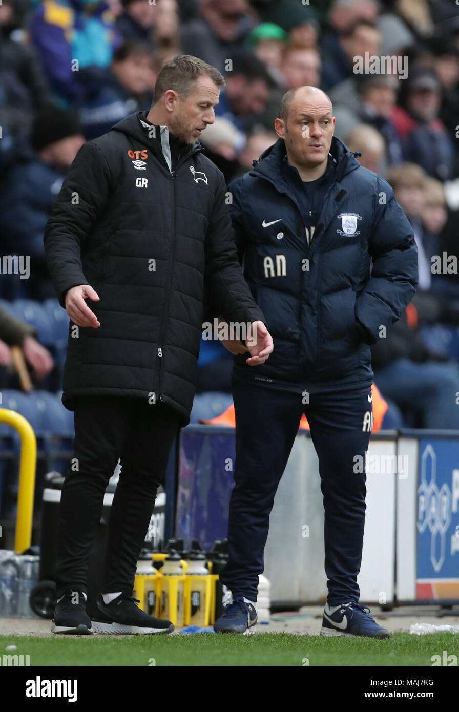Derby County manager Gary Rowett (left) and Preston North End manager ...