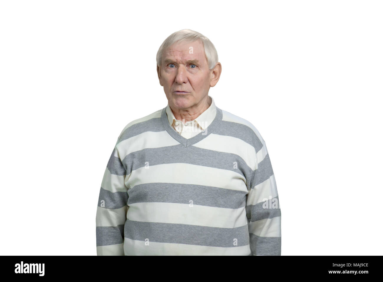 Angry old man portrait. Furious senior grandfather in white isolated ...