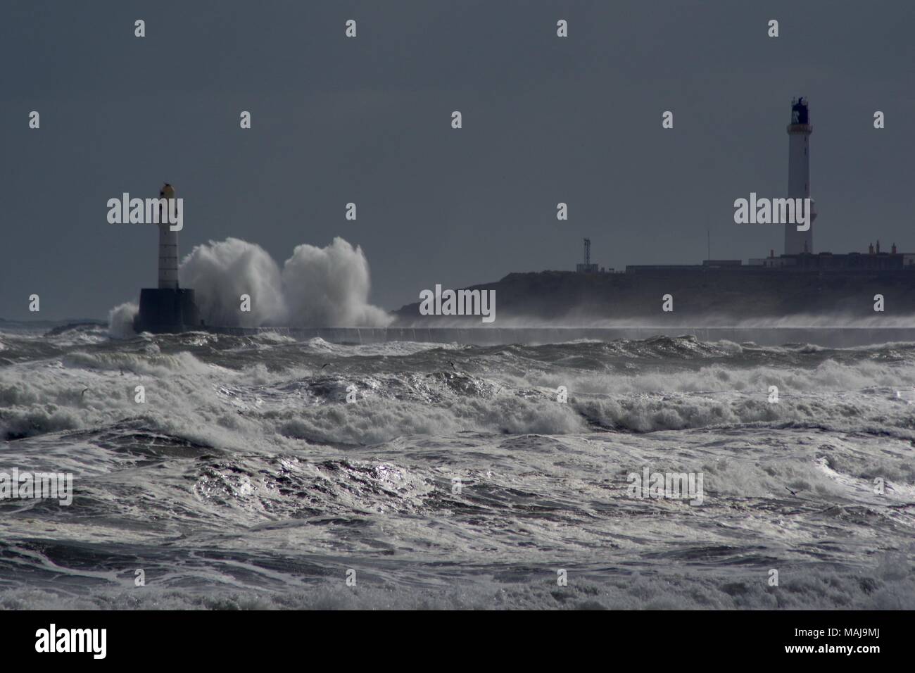 Wild Winter North Sea Storm Waves Batter Aberdeen Harbour, Scotland, UK ...
