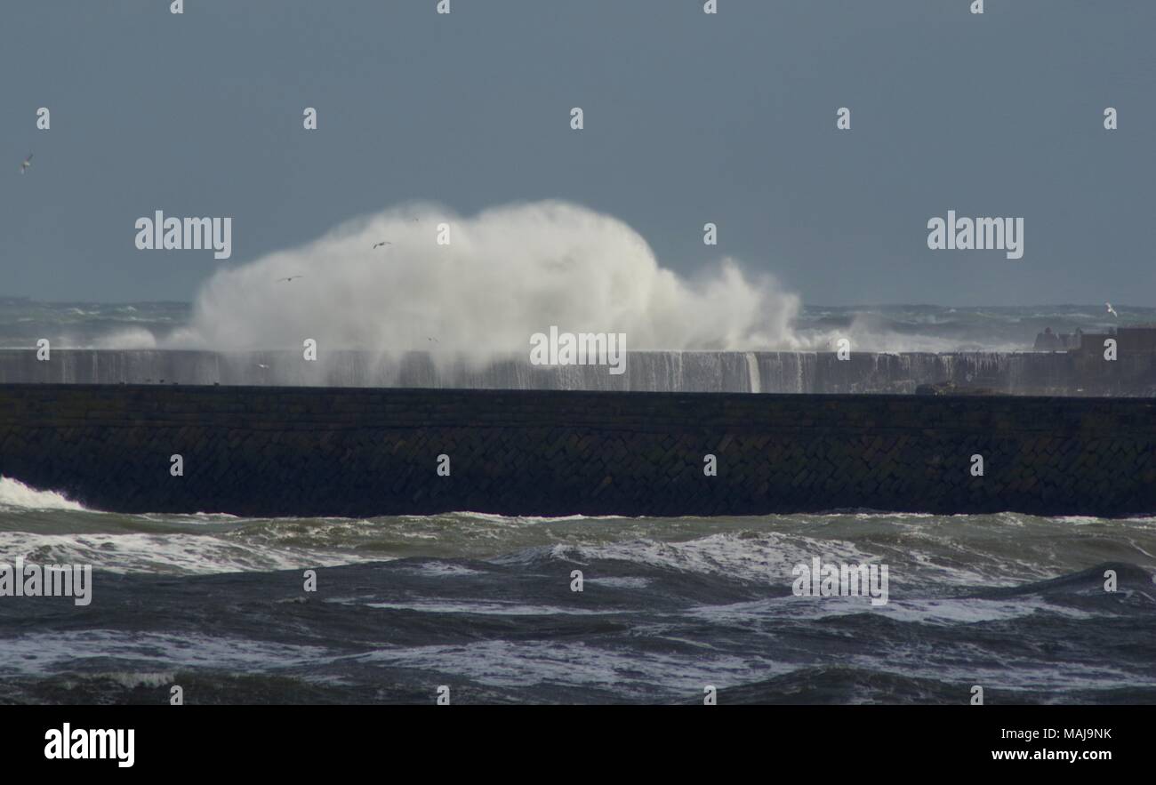 Wild Winter North Sea Storm Waves Batter Aberdeen Harbour, Scotland, UK ...