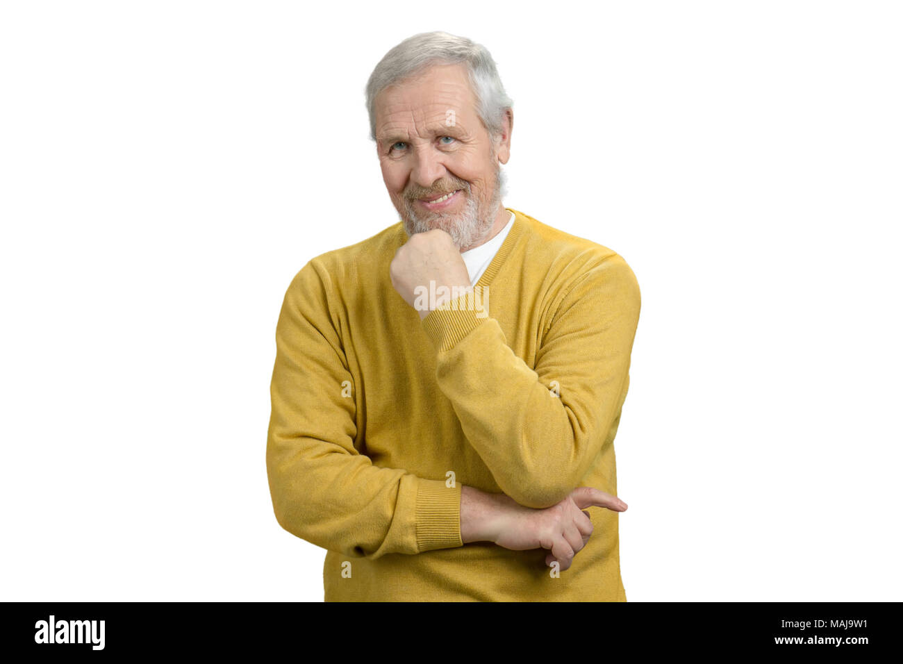 Portrait of handsome grandpa. Nice old man in yellow sweater. White ...