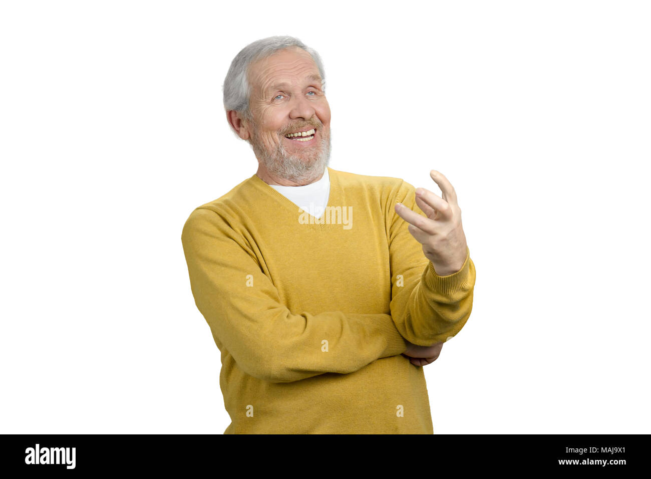 Old man talking expressively. Grandpa wondering. White isolated ...
