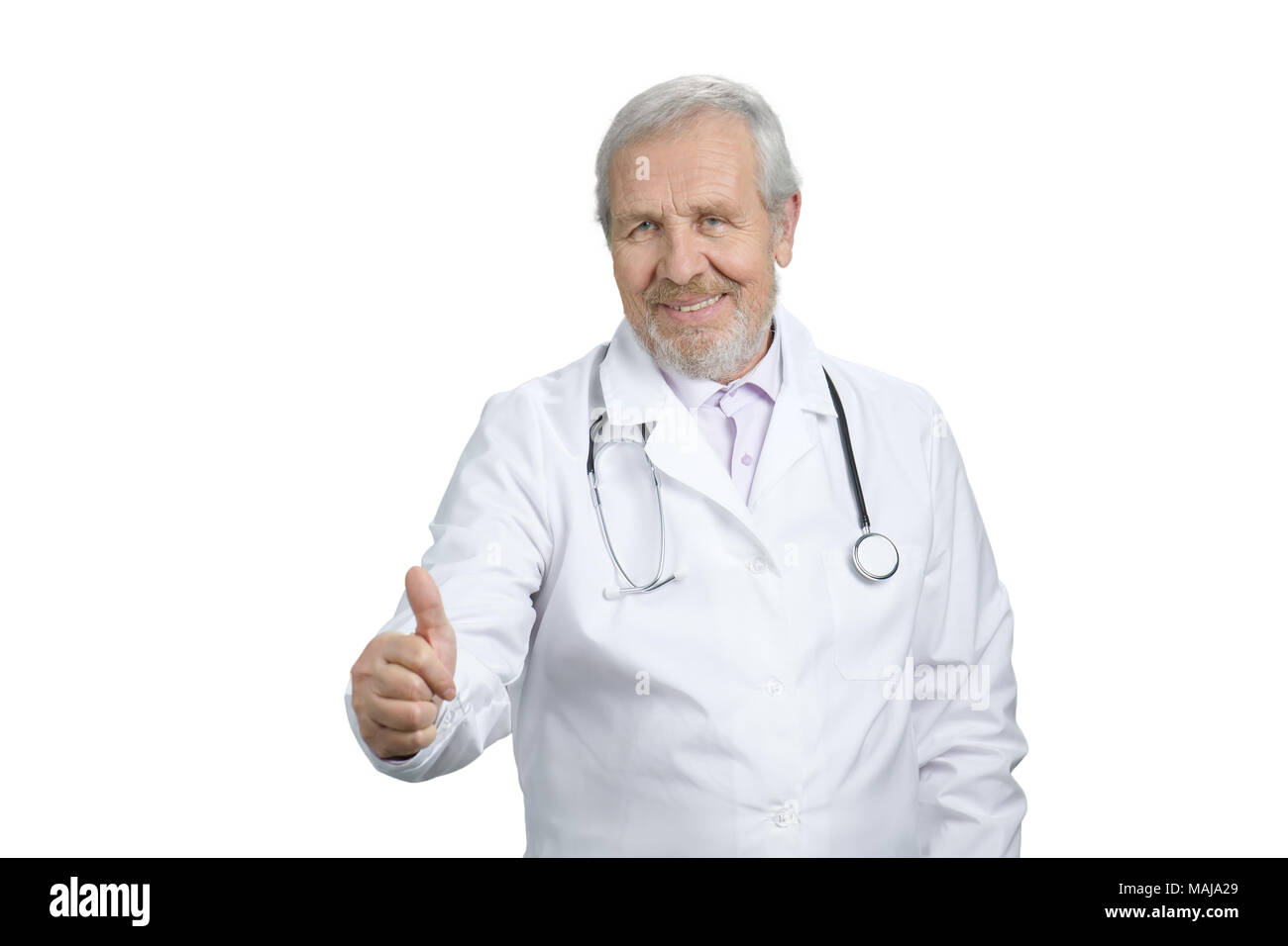 Happy old doctor with thumb up. Senior physician with like approval ...