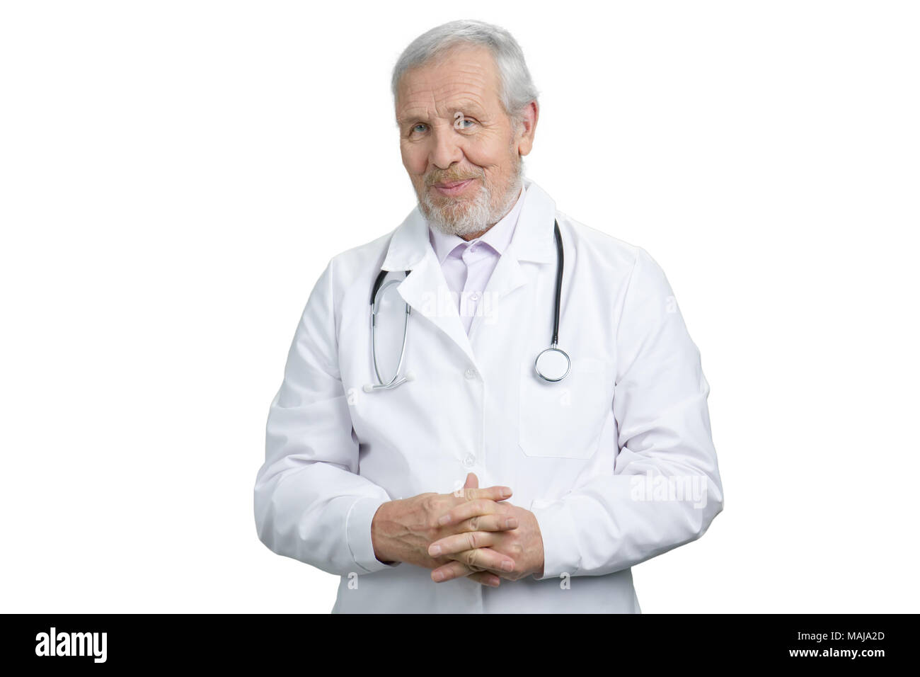 Senior old doctor with folded hands portrait. Physician with ...