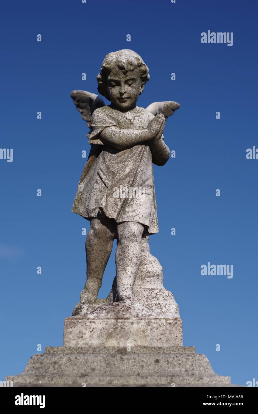 Victorian Angel Cherub Headstone Carving against a Blue Sky. Trinity ...