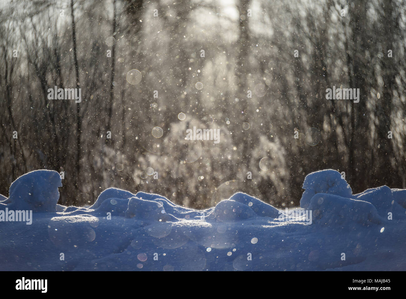 snow flakes falling in blizzard with white snow background with shadows ...