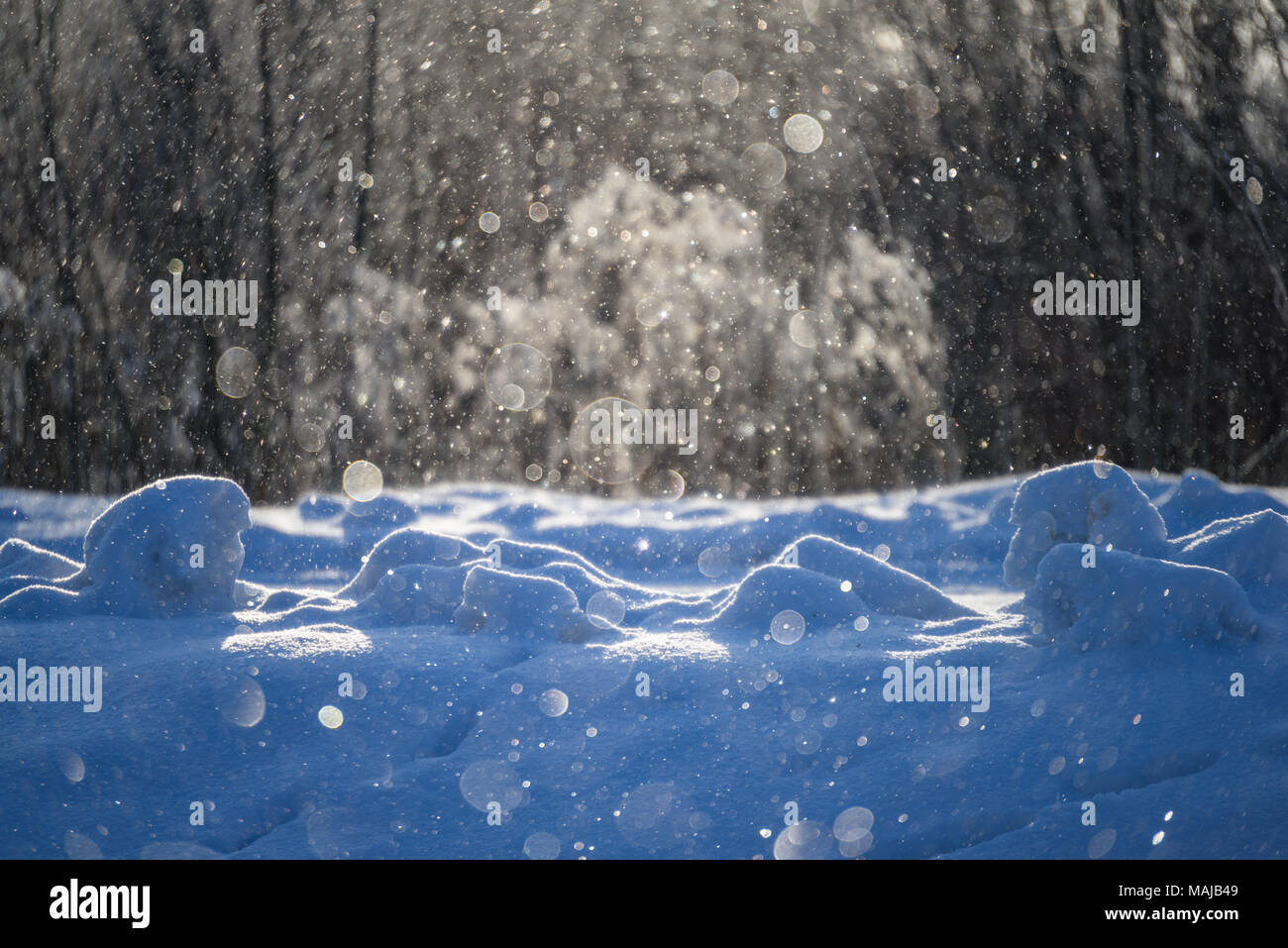snow flakes falling in blizzard with white snow background with shadows ...
