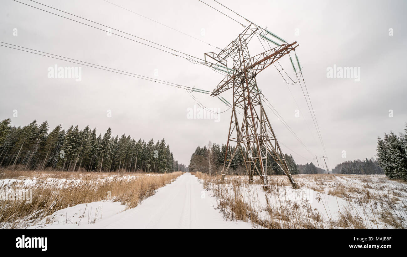 power lines in forest area in winter with snow and wide angle lens in ...