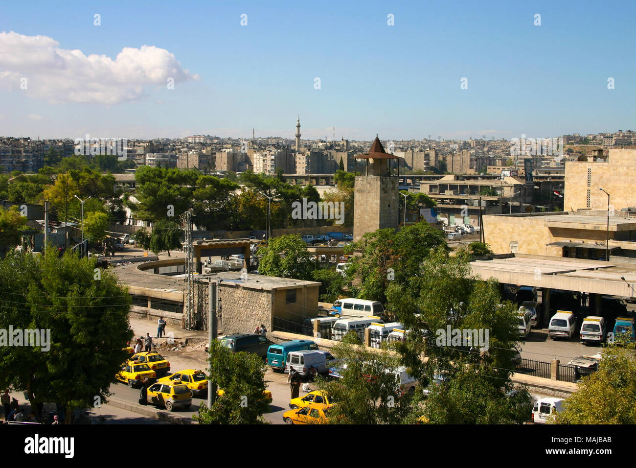View over Aleppo city skyline and bus station before conflict, Syria ...
