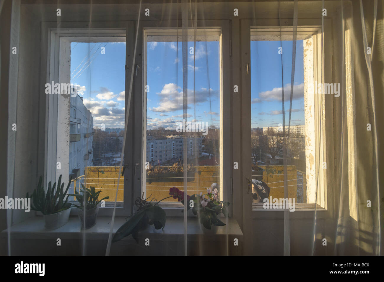 three part window in a room view by wide angle lens in perspective with ...