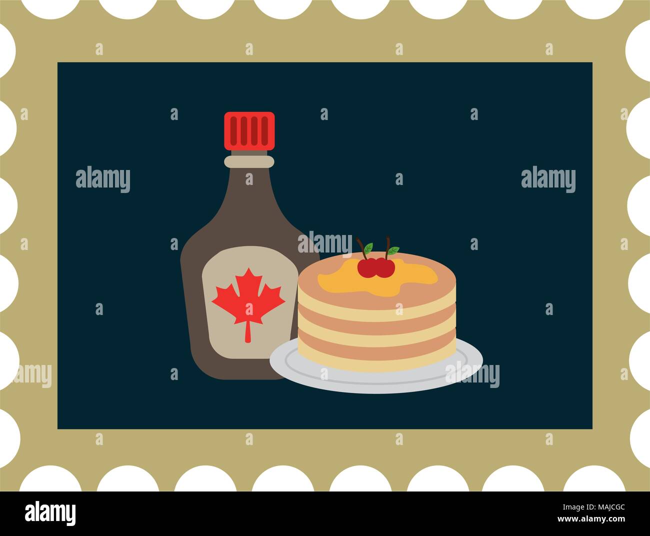 pancake and bottle syrup in postage stamp vector illustration design ...