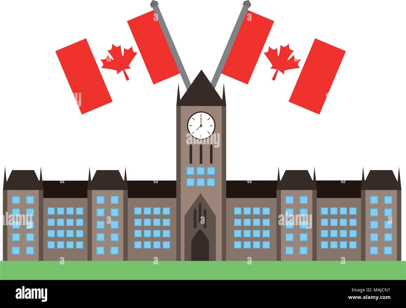 ottawa parliament building with canadian flags vector illustration ...