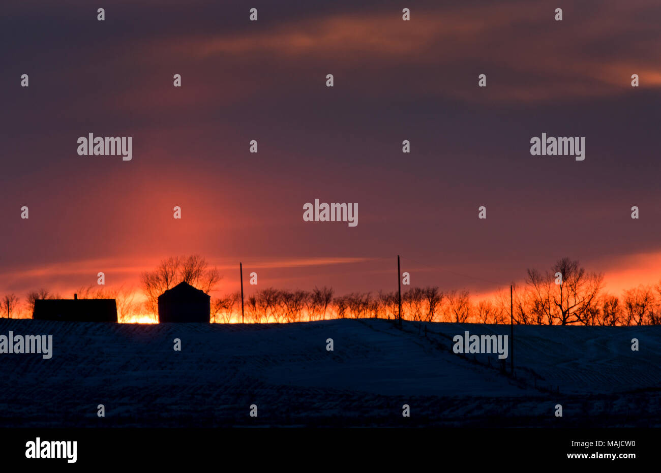Winter Prairie Sunset in Saskatchewan Canada orange glow Stock Photo ...