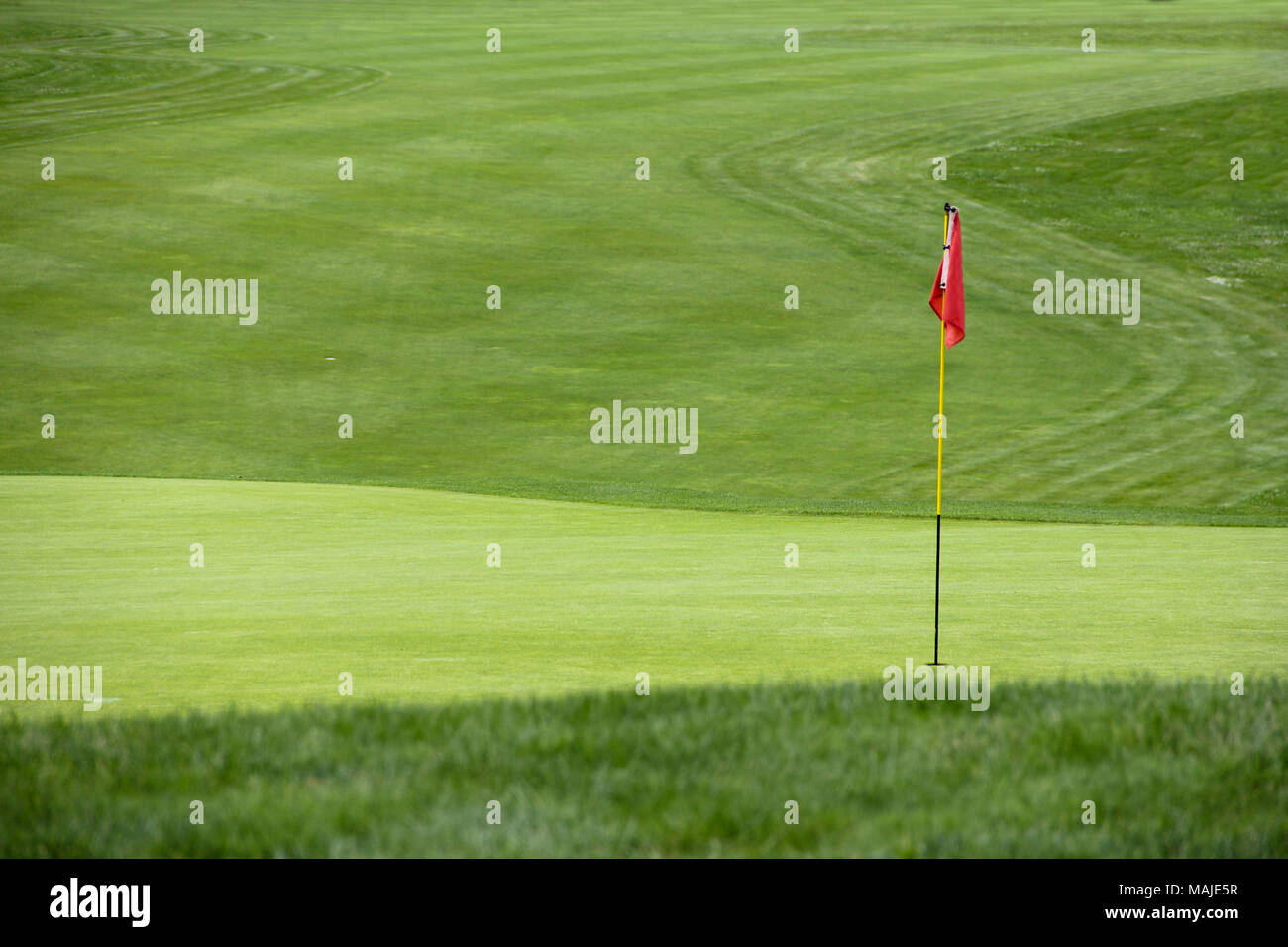 Golf flag on the green grass field close up Stock Photo - Alamy