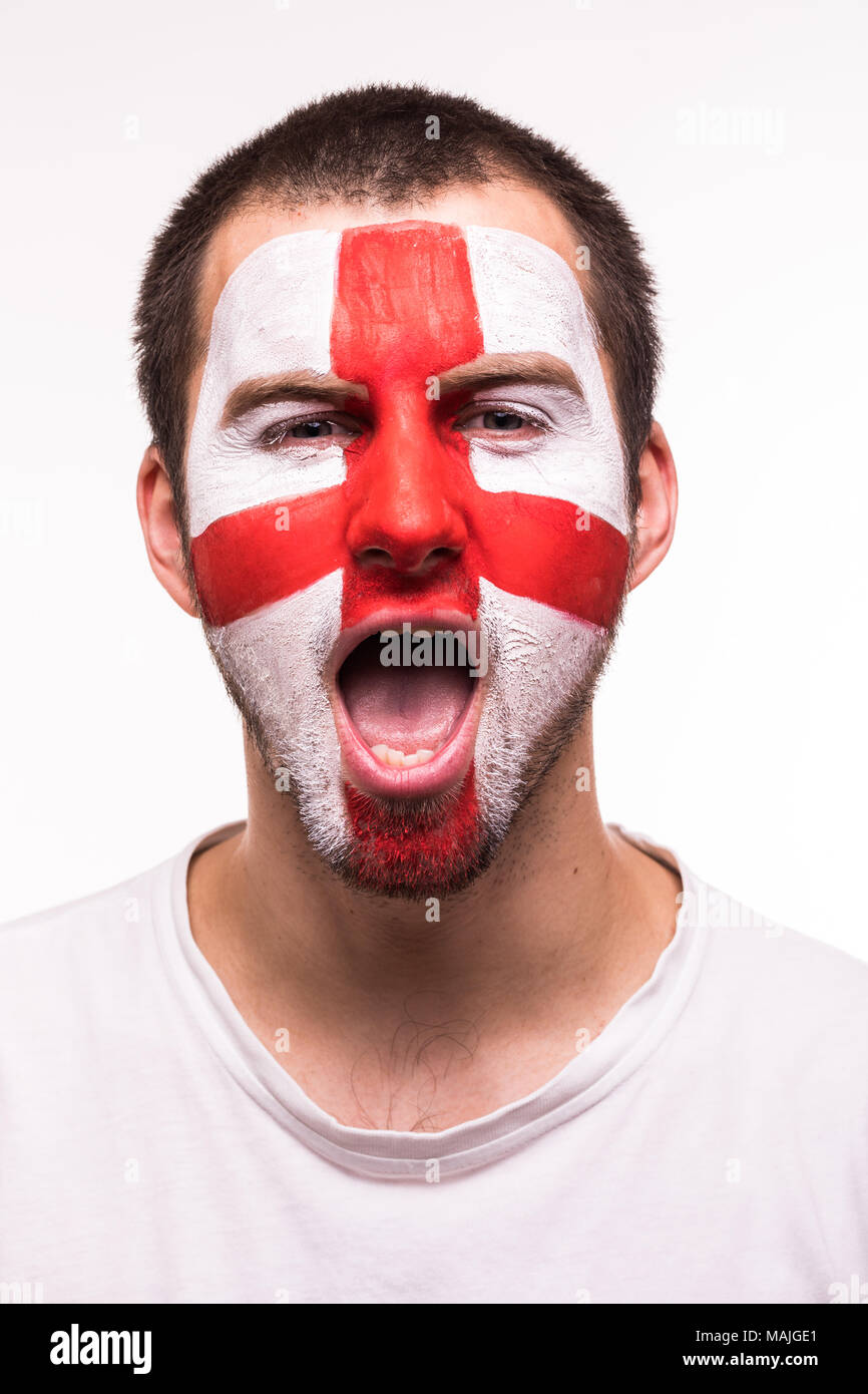 Face portrait of happy fan support England national team with painted ...