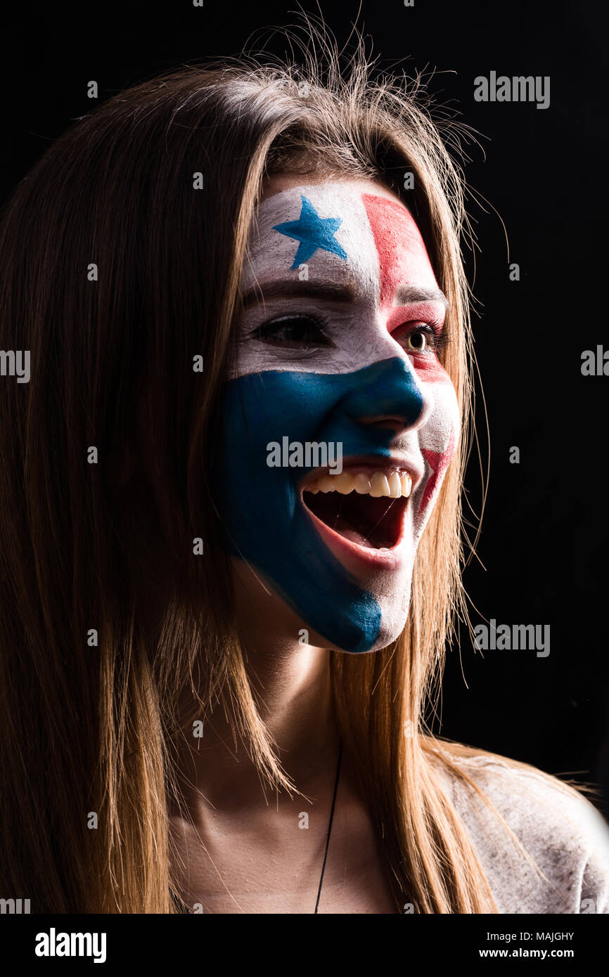 Face portrait of happy fan support Panama national team with painted ...