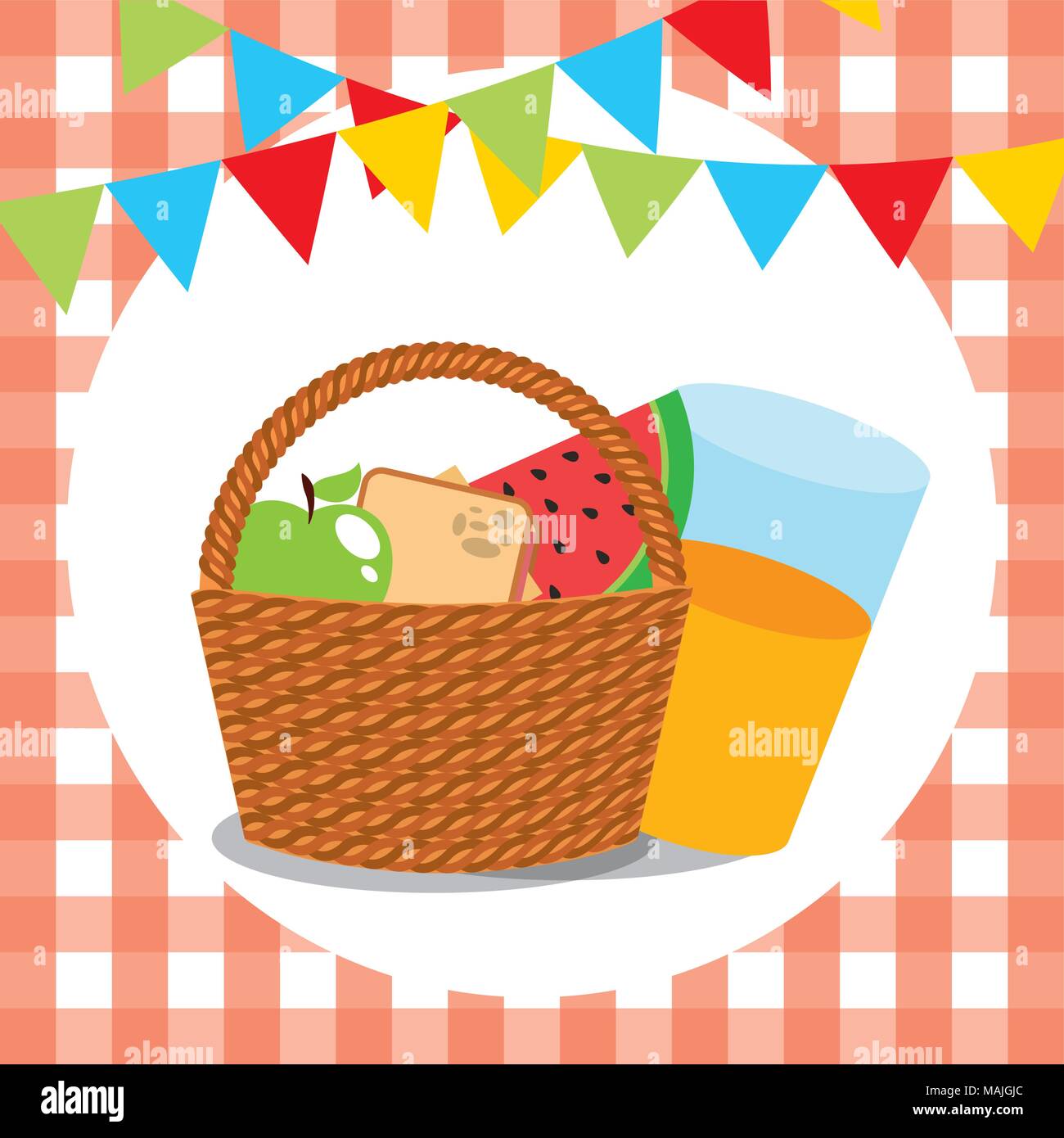 picnic wicker basket apple sandwich watermelon orange juice garland ...