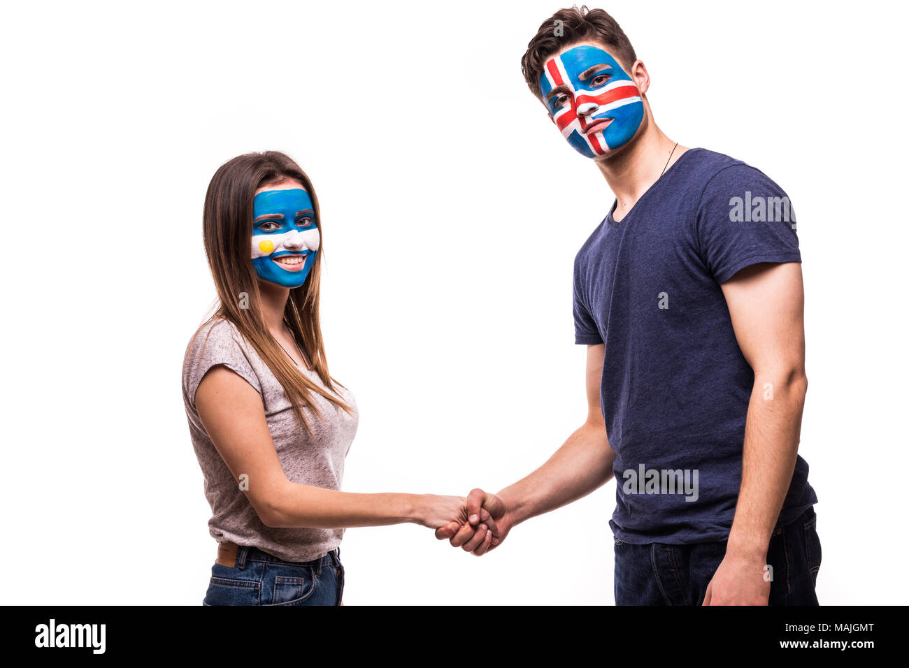 Football fans of Argentina and Iceland national teams with painted face ...