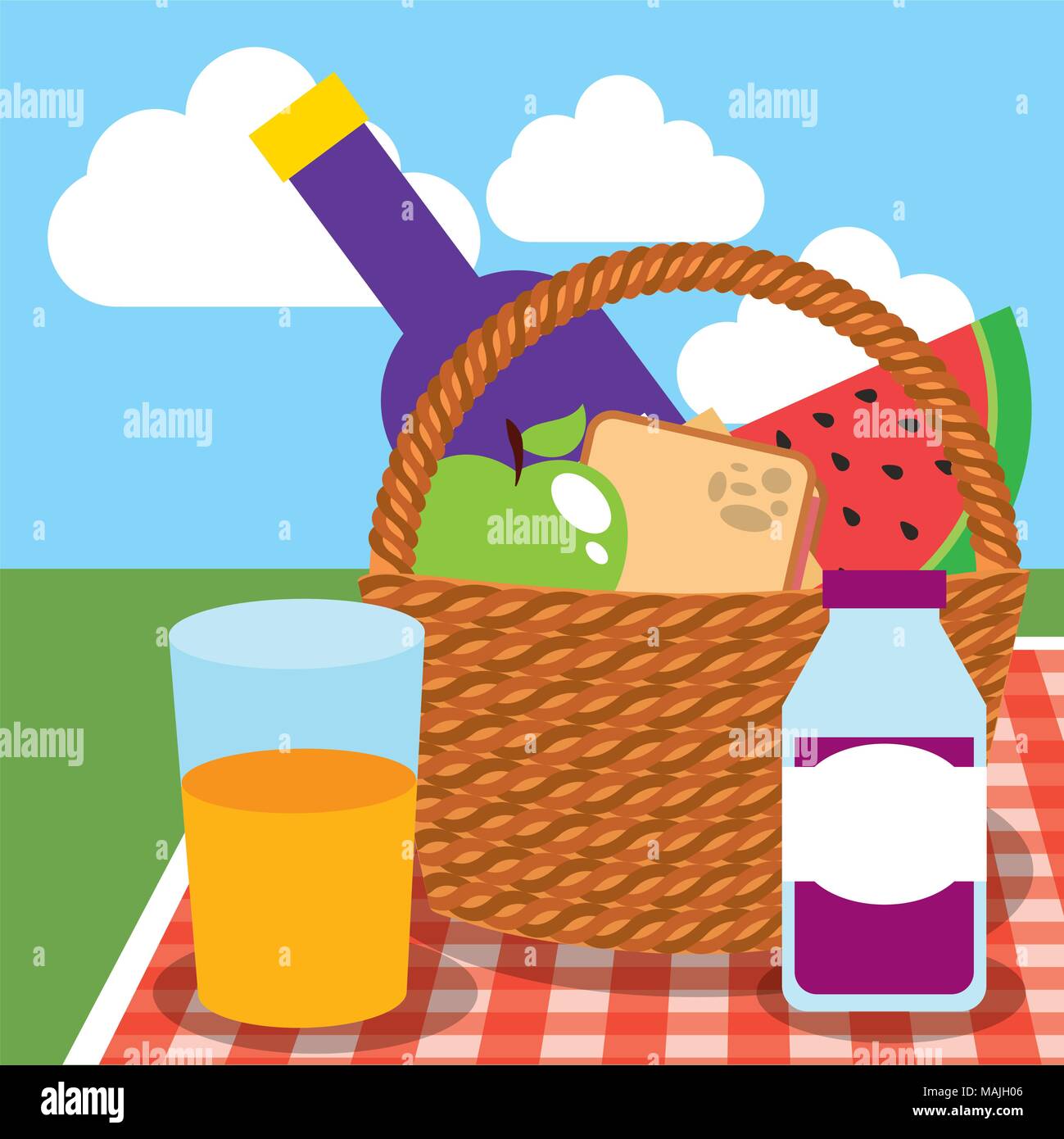 picnic wicker basket wine watermelon apple sandwich juices on field ...