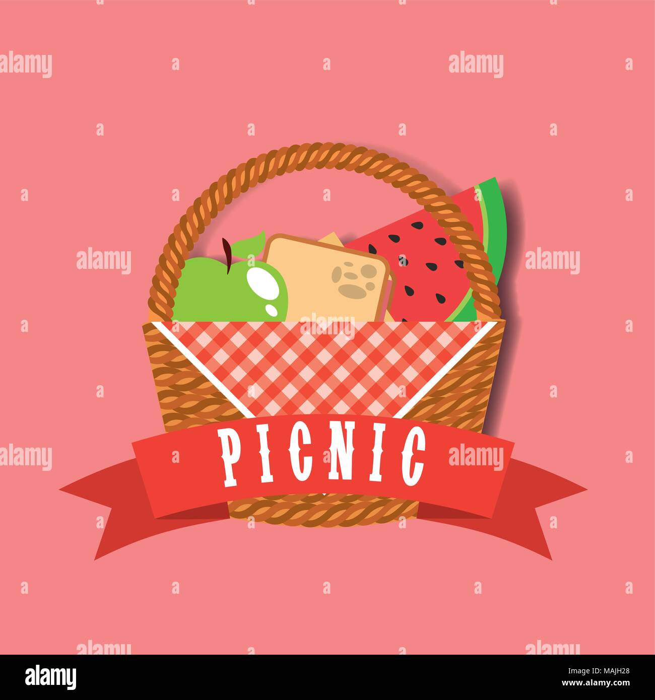 picnic wicker basket with watermelon apple and sandwich banner vector ...