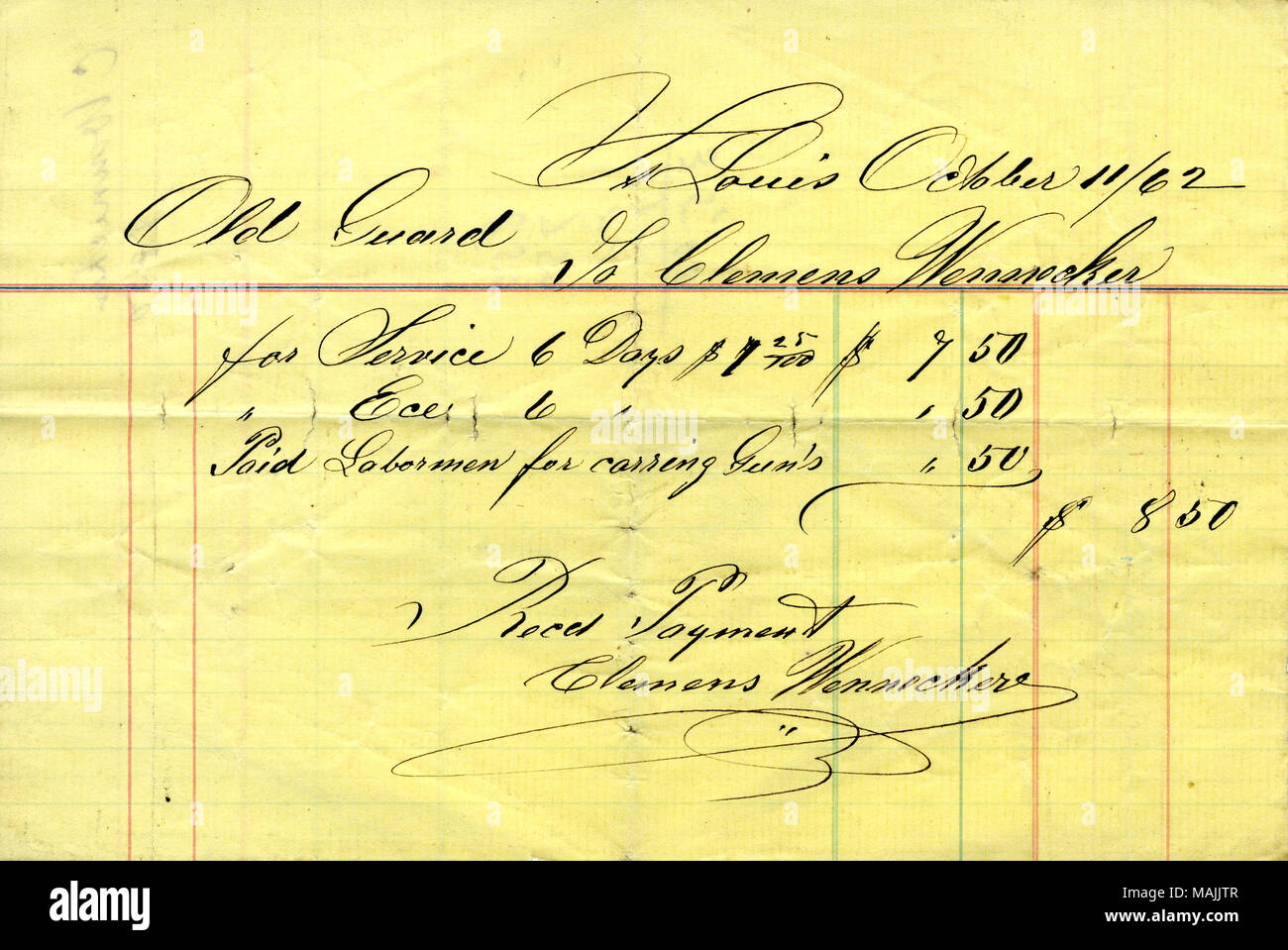 Payment for six days' service. Title: Receipt for payment of $8.50 ...
