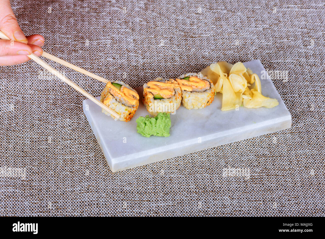 Sushi on a stone slate board Top view with space. Japan menu Stock ...