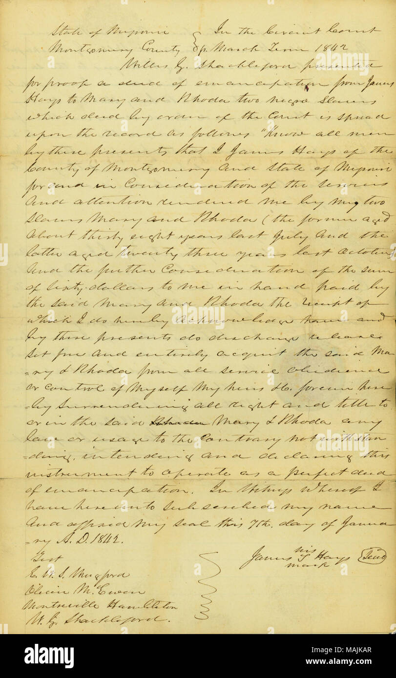 Title: Mary and Rhoda Emancipation . 7 January 1842. County Court of St ...