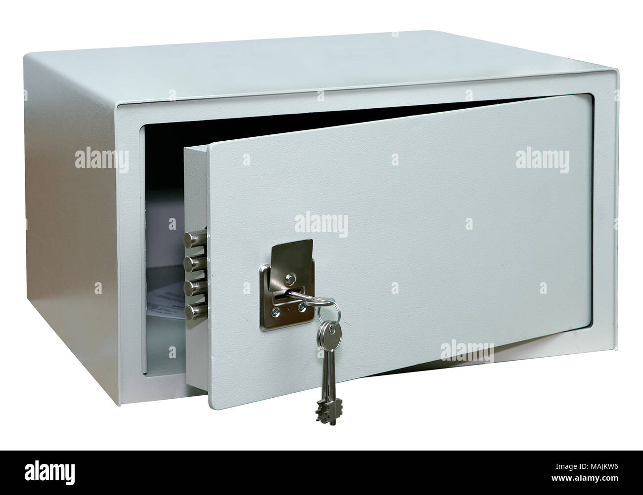 Opened metal safe with keys in the keyhole, isolated Stock Photo - Alamy