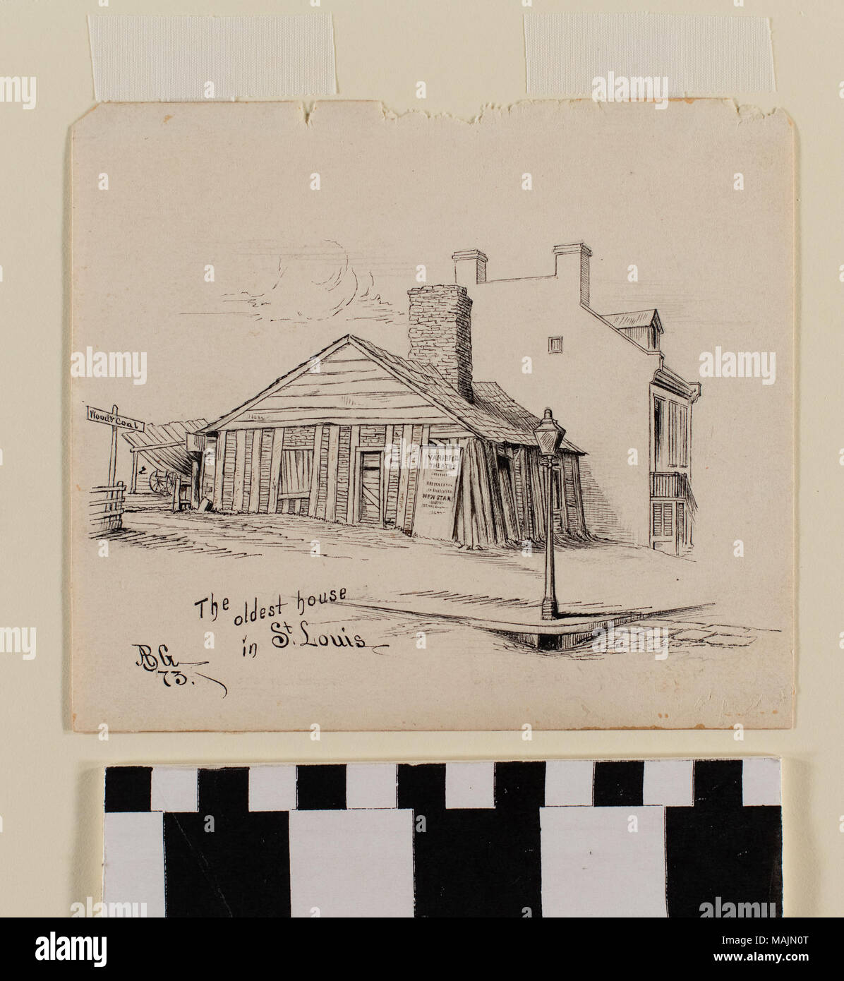 Ink drawing of wooden house entitled 'The Oldest House in St. Louis' by ...