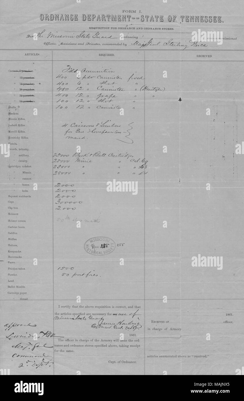 For ordnance stores for the Missouri State Guard, signed James Harding ...