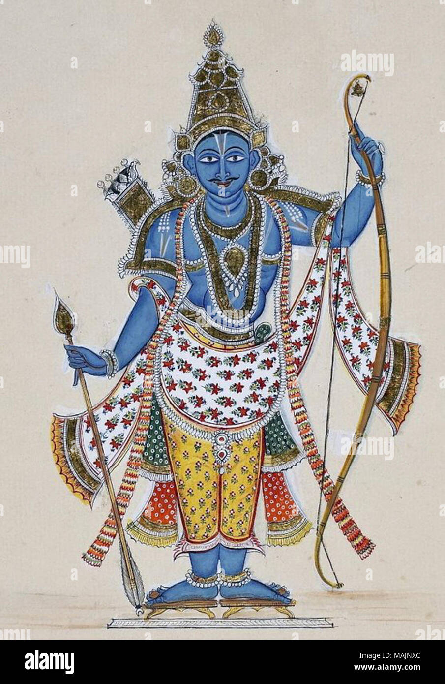 Painting of Rama. He is depicted blue-skinned and carrying a strung bow ...