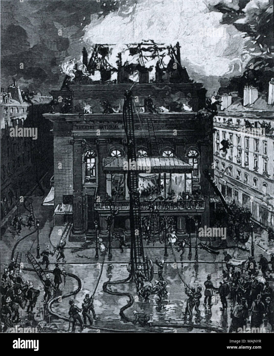 Fire at the second Salle Favart, Paris, 25 May 1887 (engraving). Fran+ ...