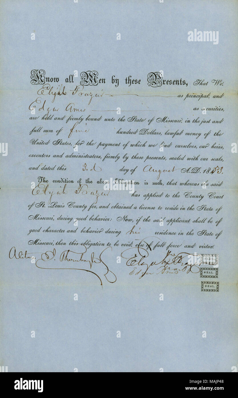 Title: Elijah Frazier Free Negro Bond . 3 August 1853. County Court of ...