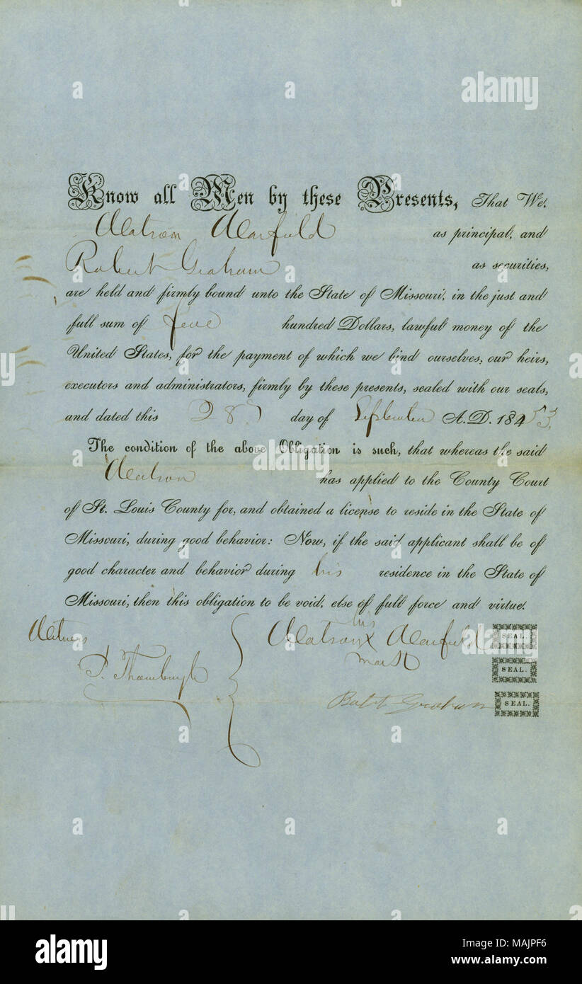 Title: Watron Warfield Free Negro Bond . 28 September 1853. County ...