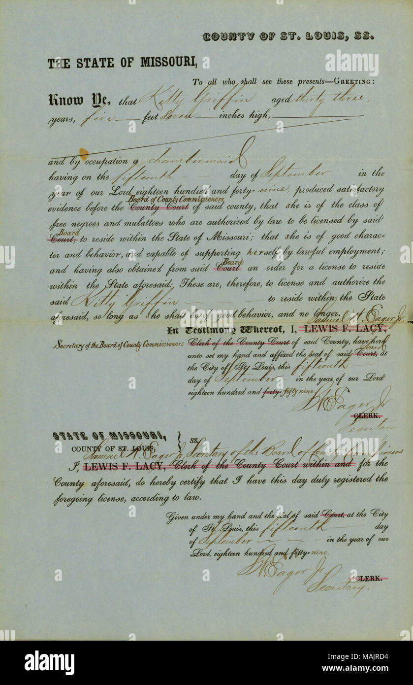 Title: Kitty Griffin Missouri Freedom License . 15 September 1859 ...
