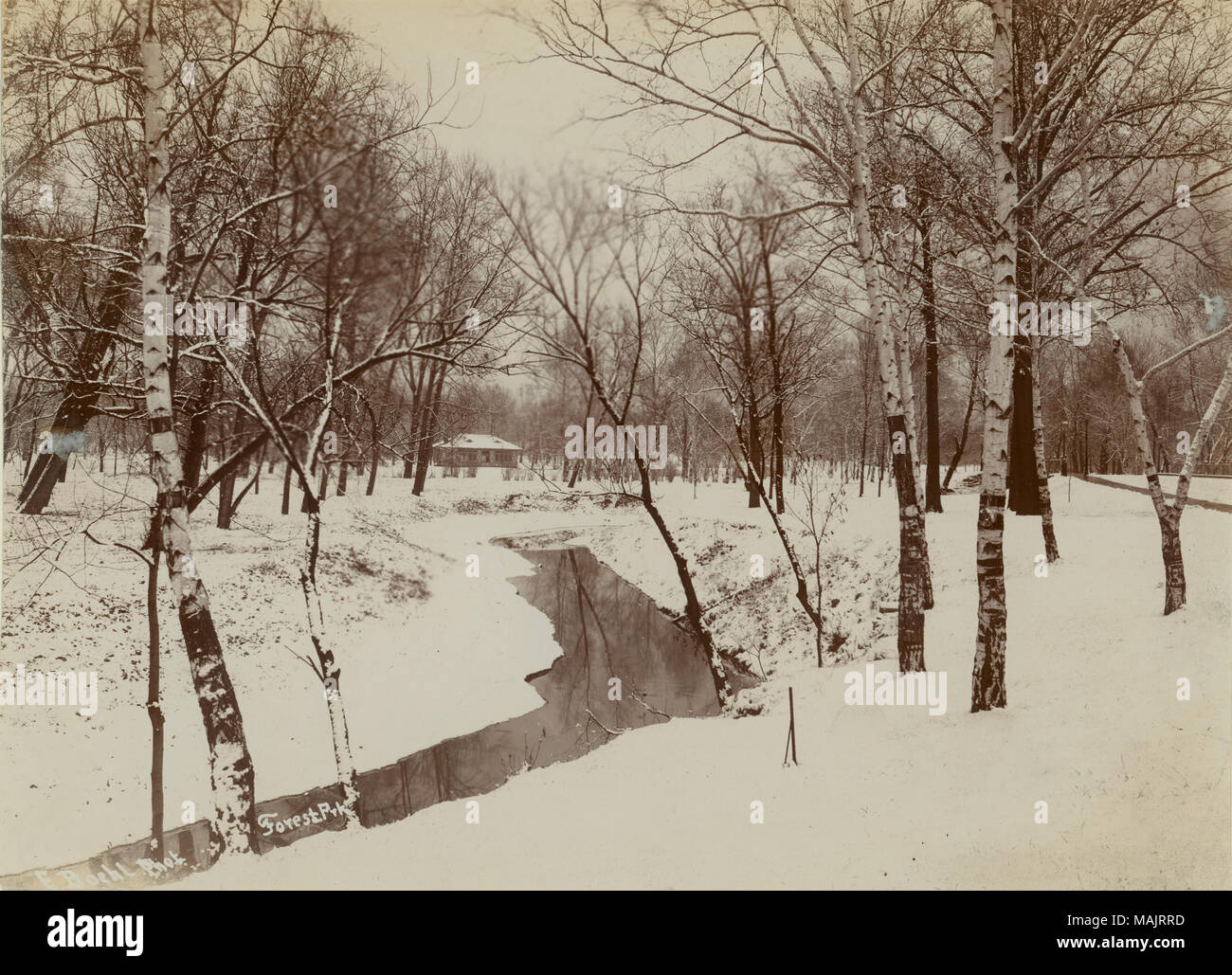 Title: Winter scene in Forest Park with stream cutting through snow ...