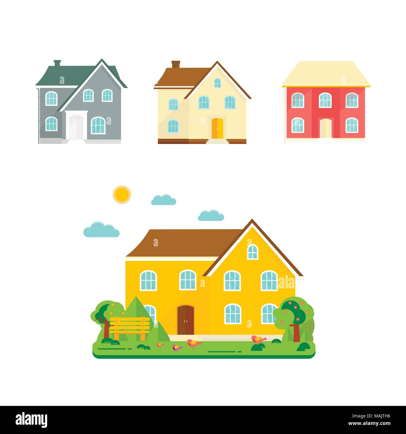 Abstract spring background with cozy home, house, cottage, with trees ...