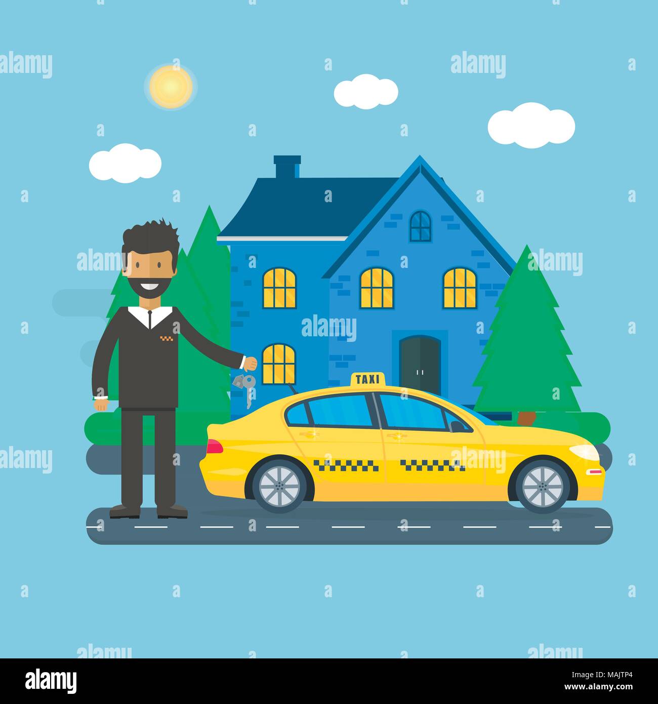 Machine yellow cab with driver in the city. Public taxi service concept ...