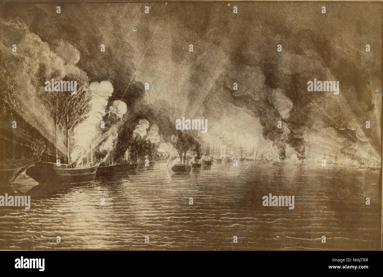 Sketch of mortar boats in foreground with trees attached to masts and ...