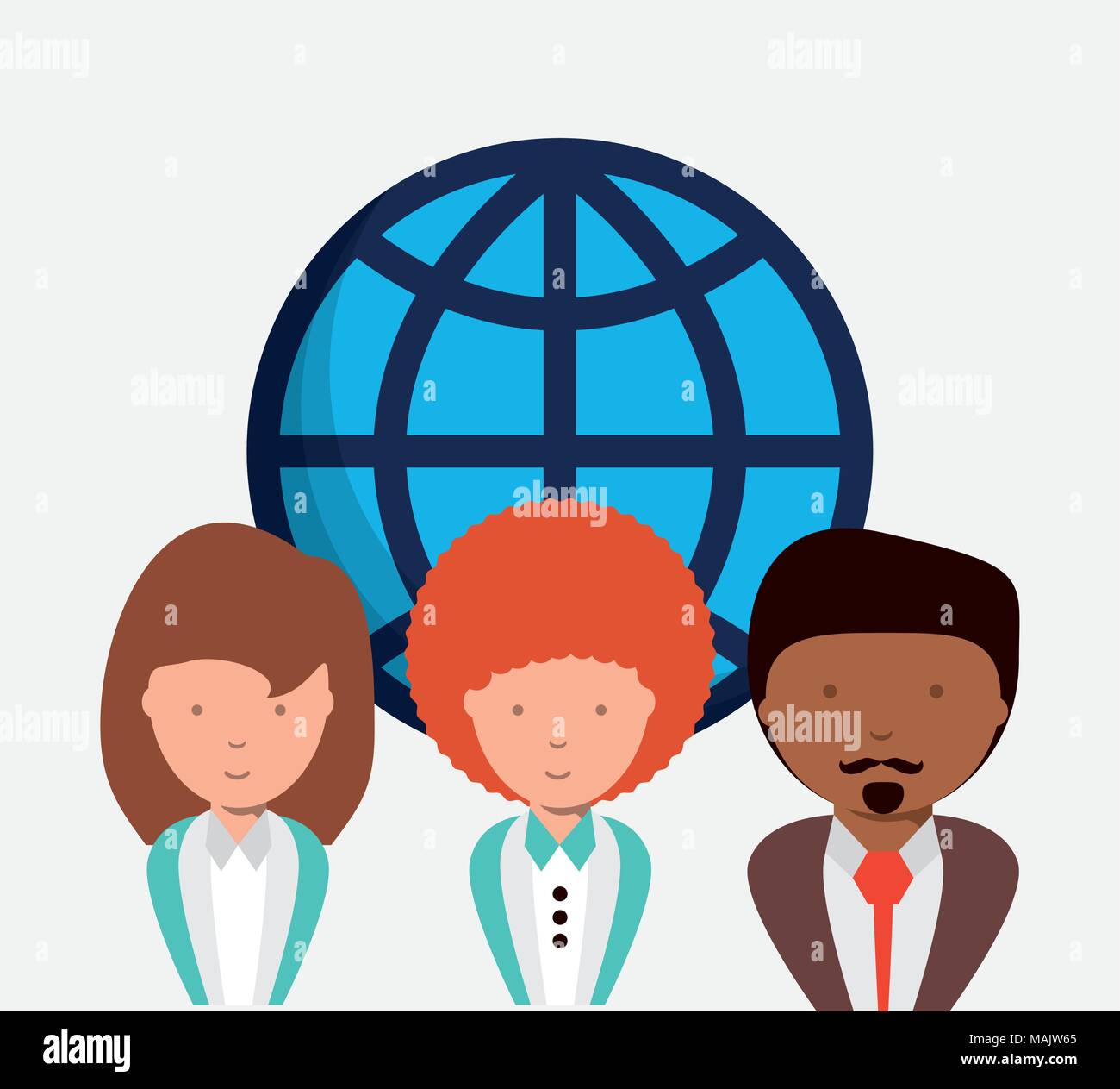 Cartoon businesspeople over global network sphere over white background ...