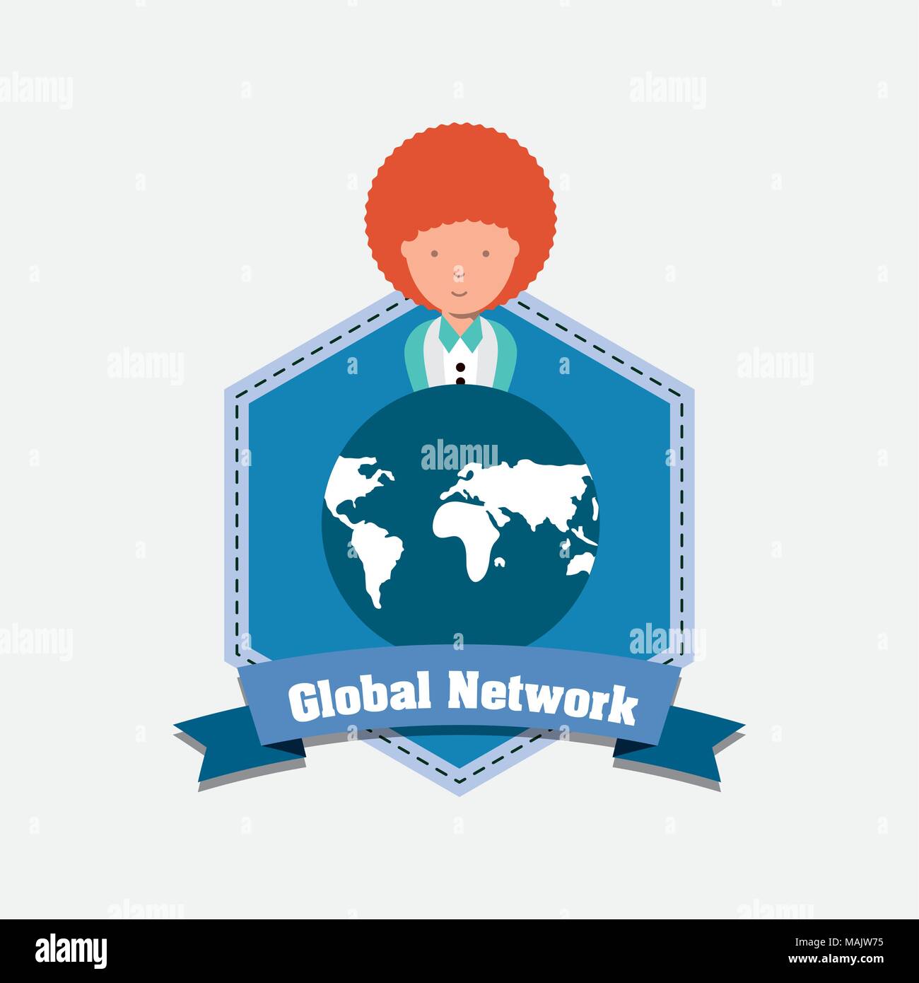 Global network design with cartoon woman and earth planet over white ...