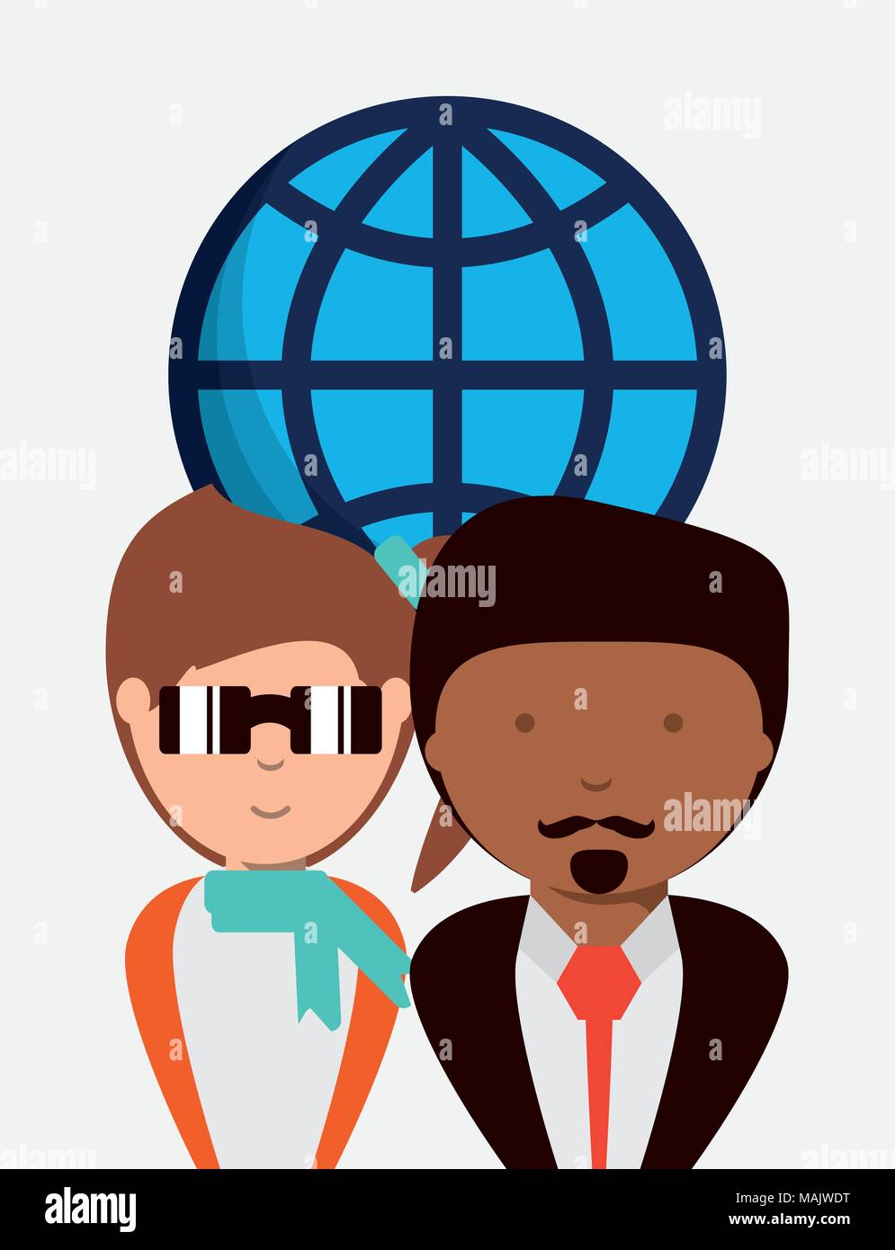 Cartoon businesspeople over global network sphere over white background ...
