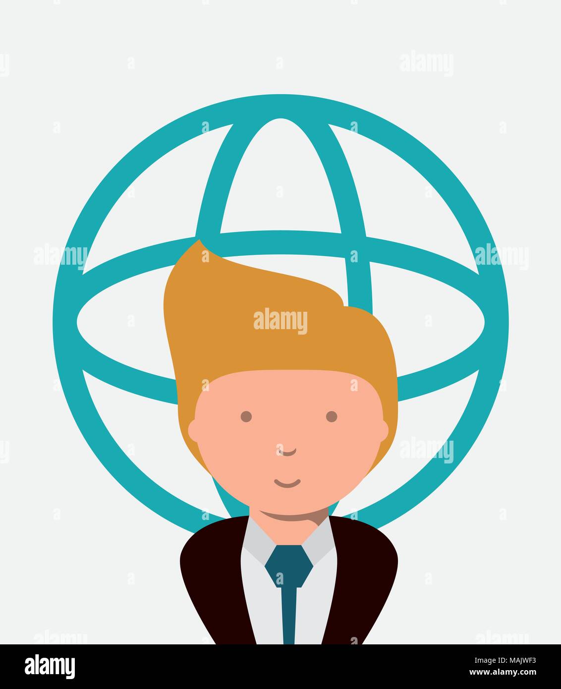 cartoon businessman with global network sphere over white background ...