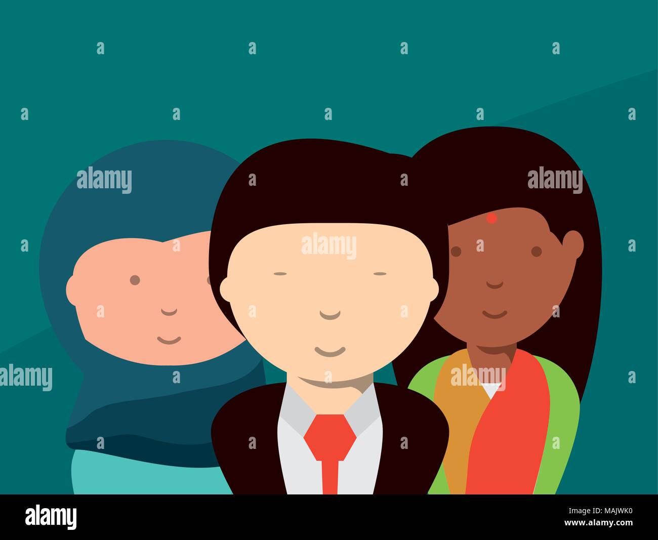 cartoon people of different cultures over turquoise background ...