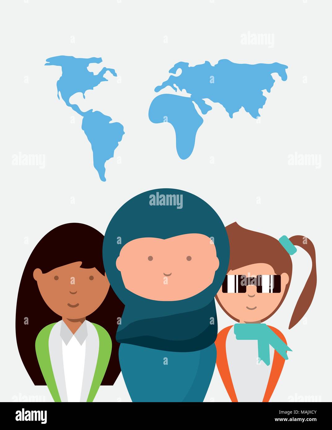 cartoon women of different cultures and world map over white background ...