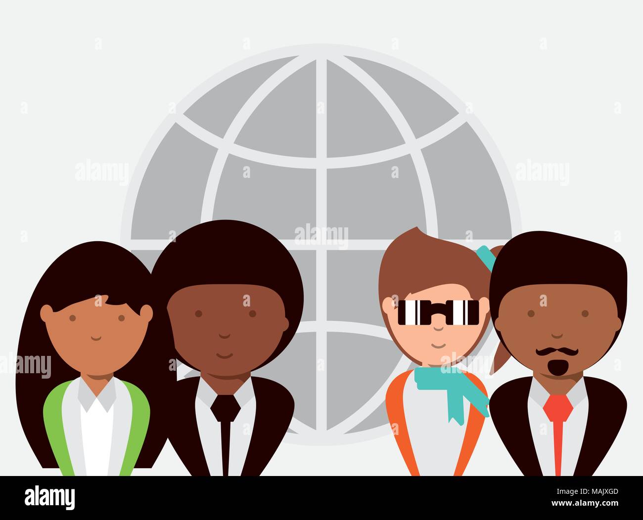 Cartoon businesspeople over global network sphere over white background ...