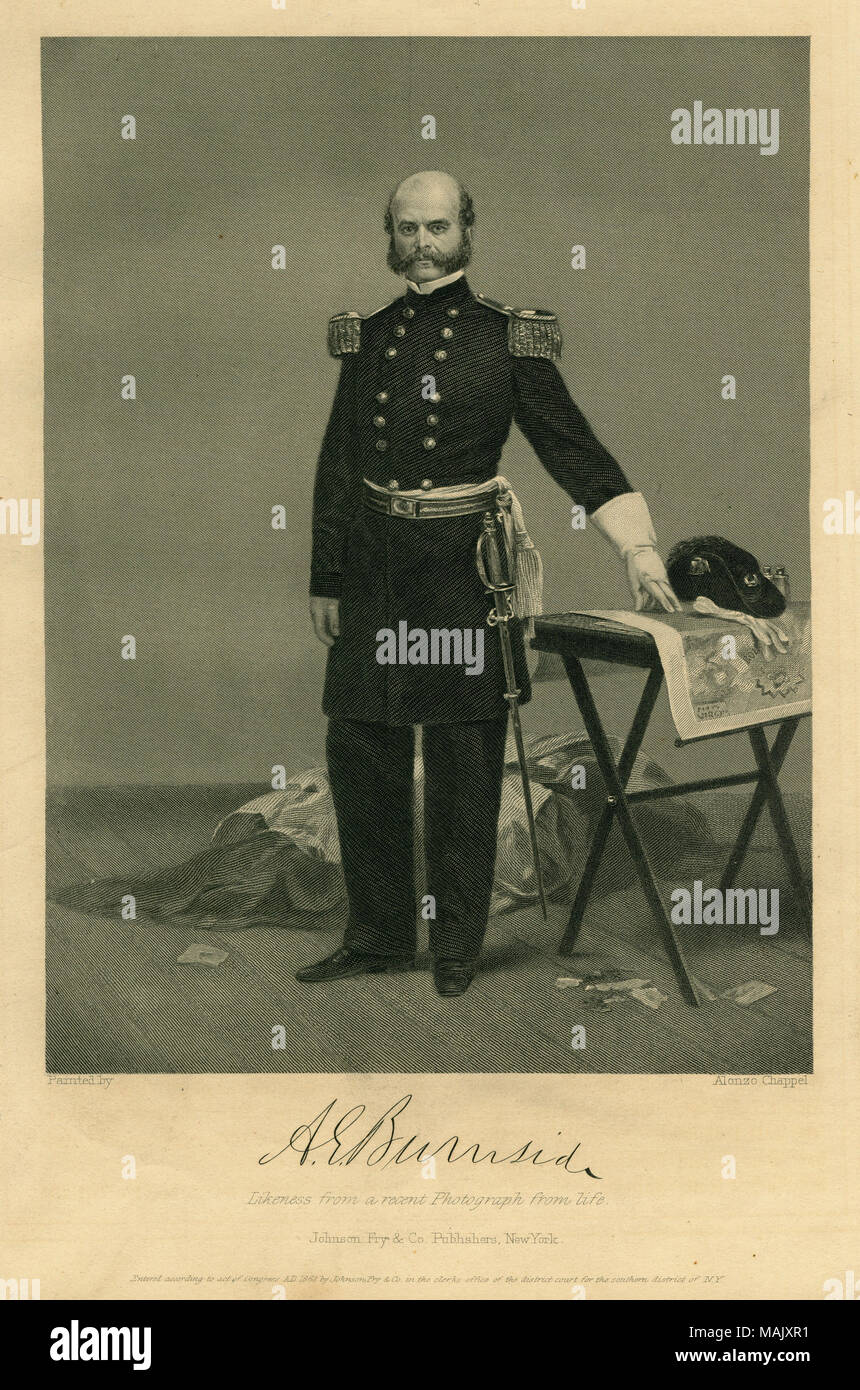 Print of Gen. Burnside in uniform with a sword with one hand pointing ...