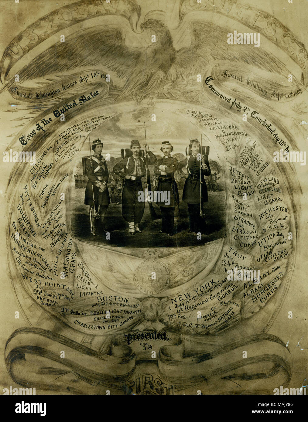 Drawing of four figures in uniform surrounded by an eagle with a banner ...