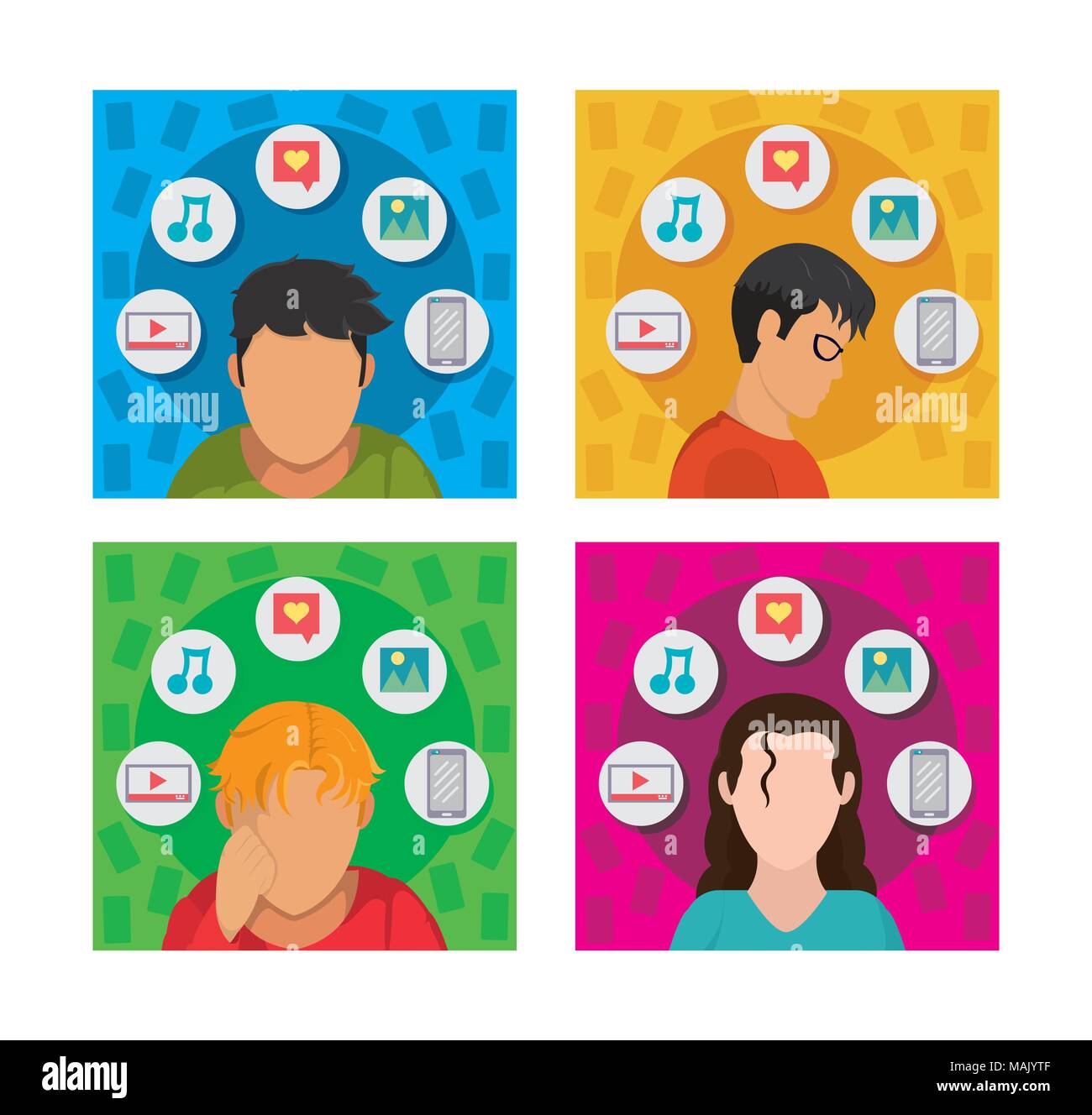 Young people using social media on colorful frames vector illustration ...